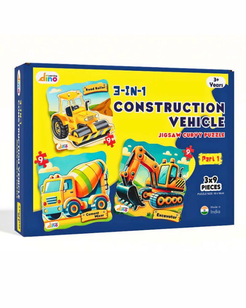 3-in-1 Construction Vehicles Puzzle – Road Roller, Excavator & Cement